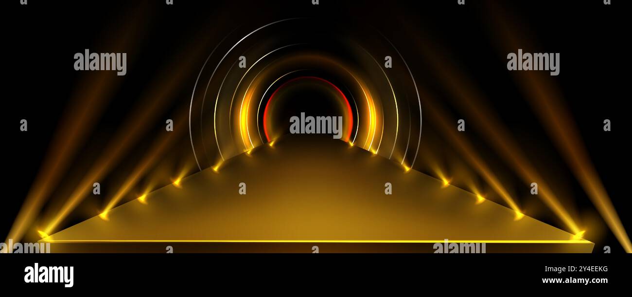 Stage catwalk with gold spotlight beams and circle tunnel. Realistic 3d ...