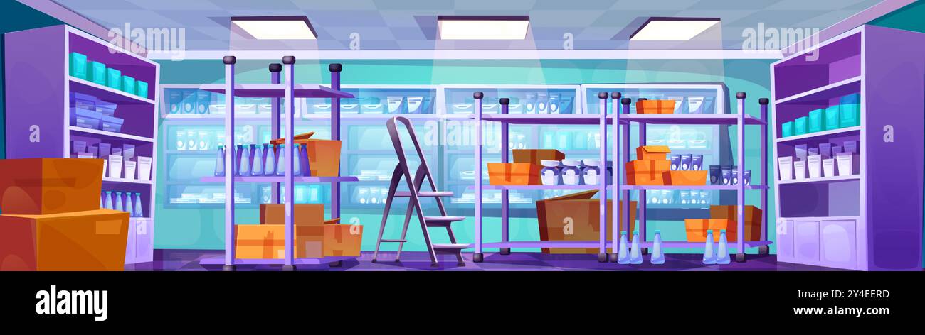 Storage room of pharmacy shop with drugs on racks and shelves ...