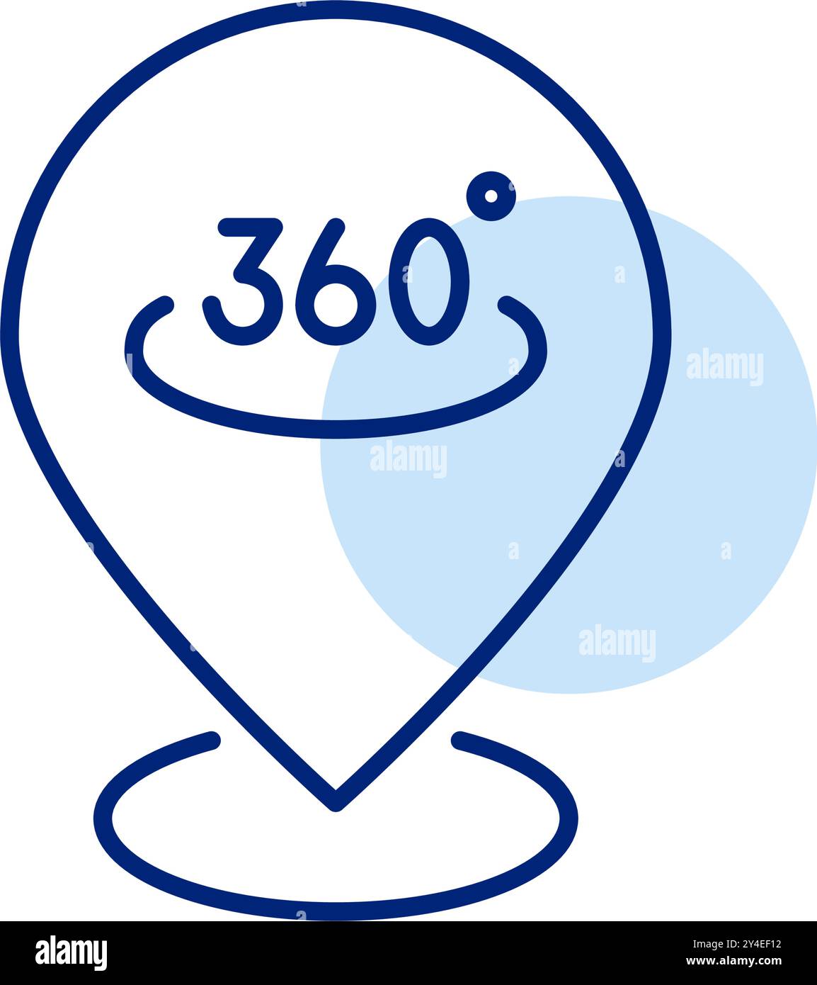 Map pointer with 360 degree symbol on it. Panoramic view of the environment. Immersive location ...
