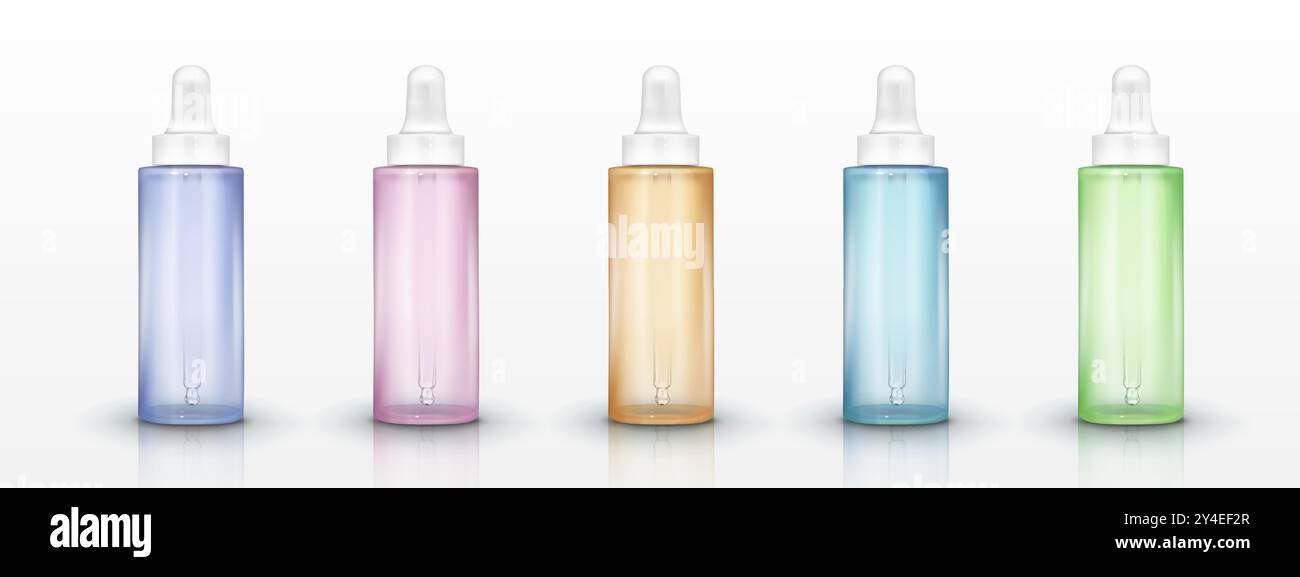 Dropper bottles set with color liquid isolated on white background ...