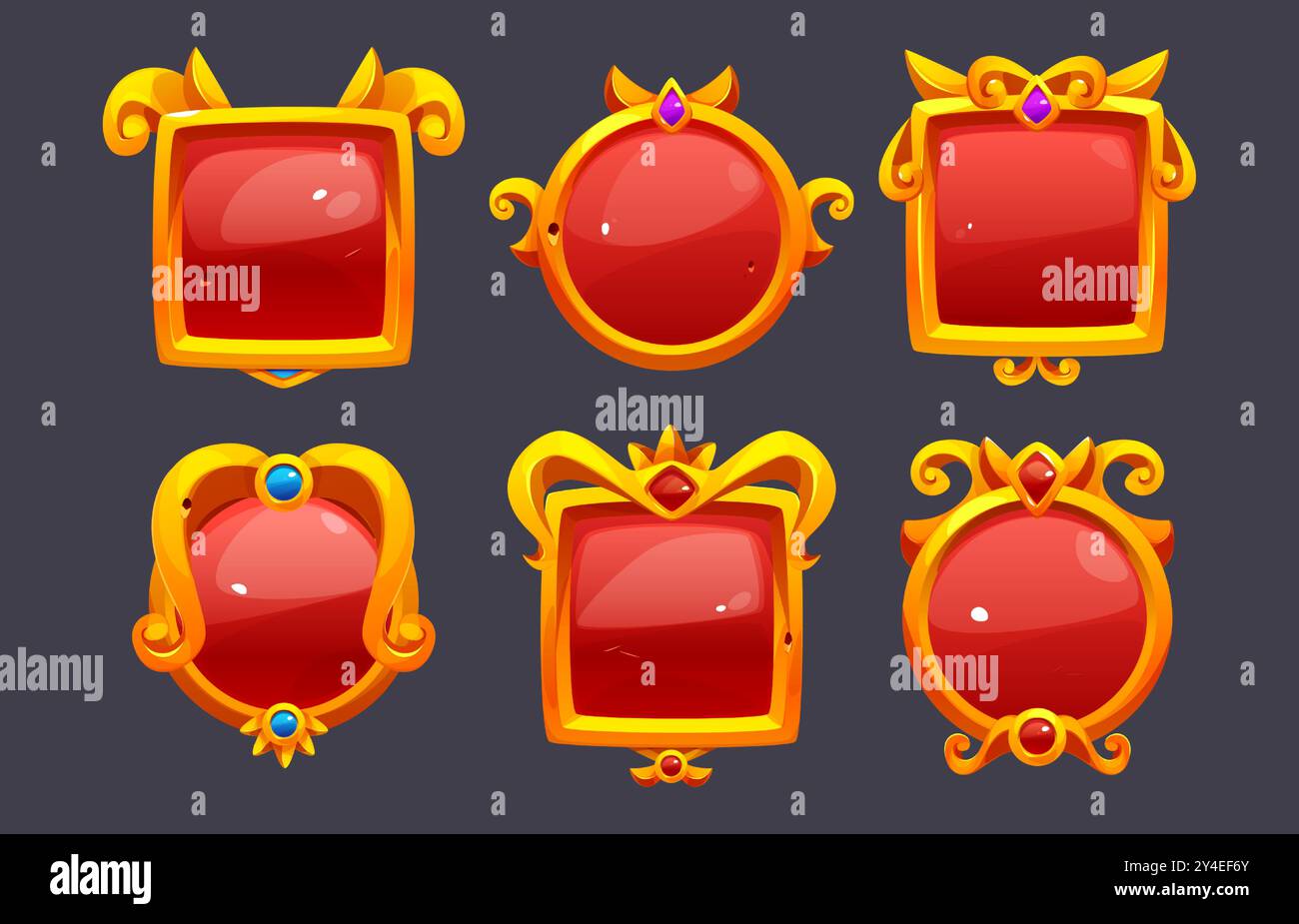 Golden fantasy medieval frame with gem stones and red background for ...