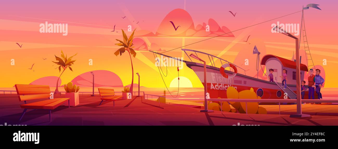 People near fishing boat in sunset harbor. Vector cartoon illustration ...