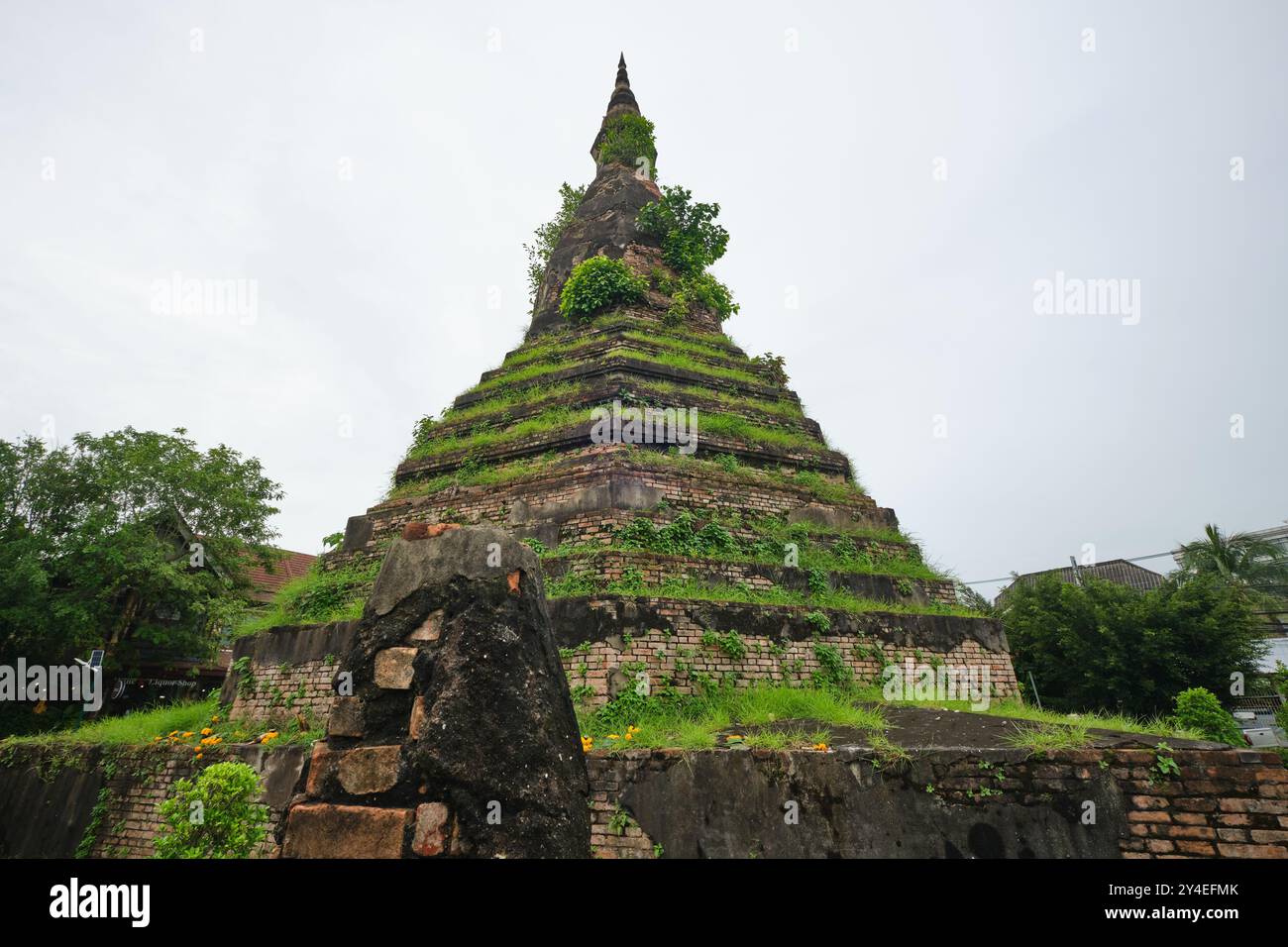 View of the mossy, grassy pyramid on a grey, cloudy, moody, unsettled ...