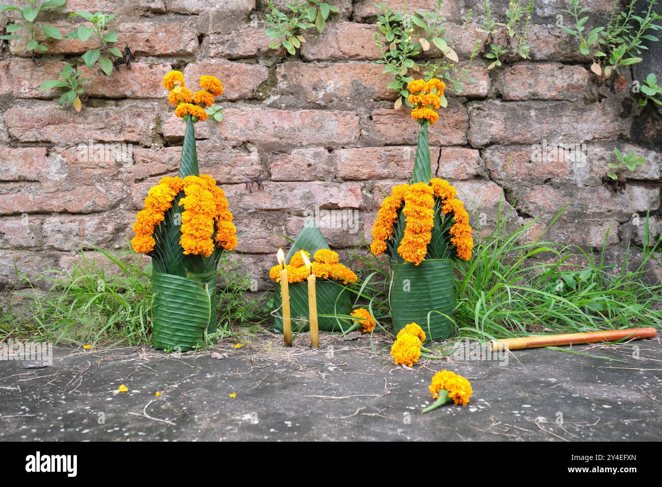 Orange flower puja offerings with banana leaves at ancient That Dam ...