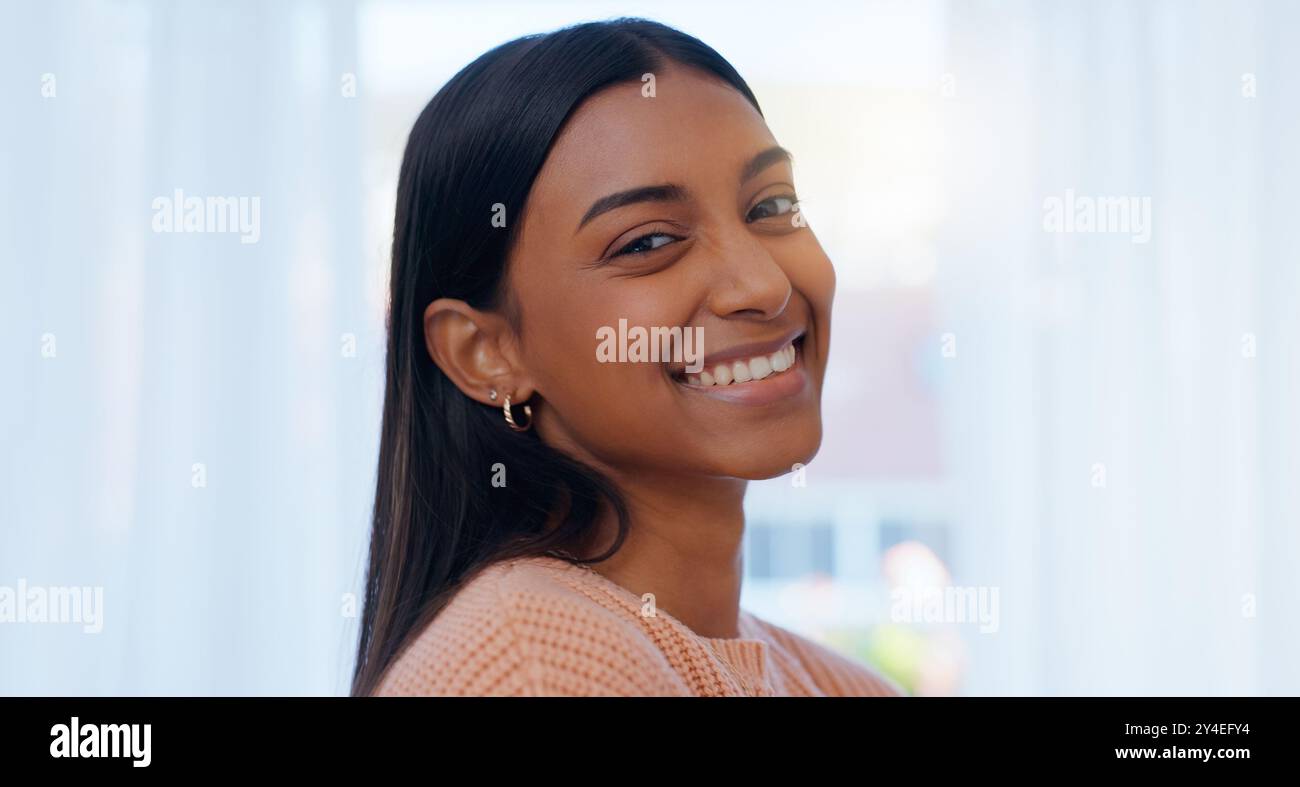 Portrait, smile and wellness with Indian woman in home on weekend for ...