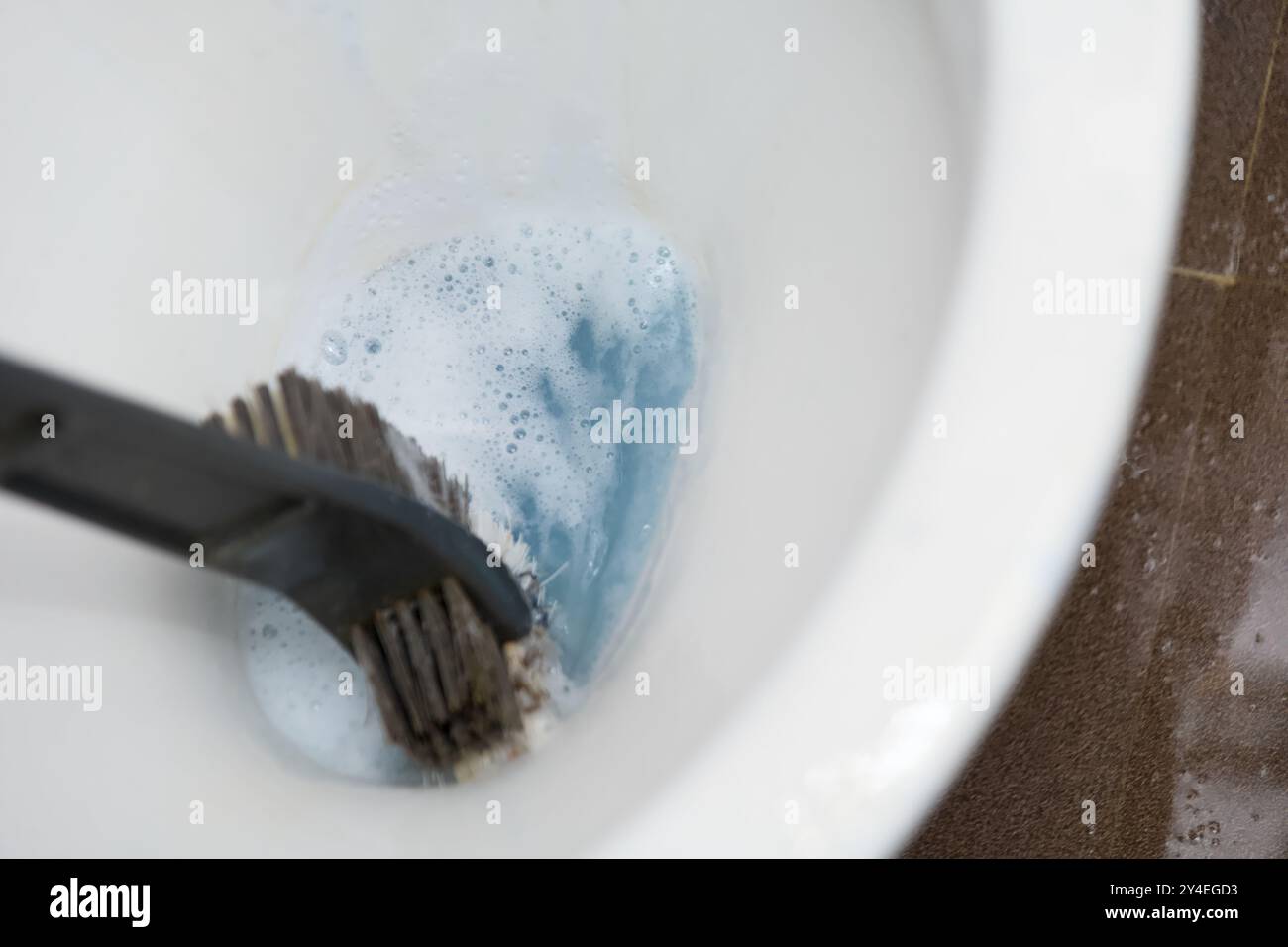 Toilet brush scrubbing away grime with powerful disinfectant for a ...