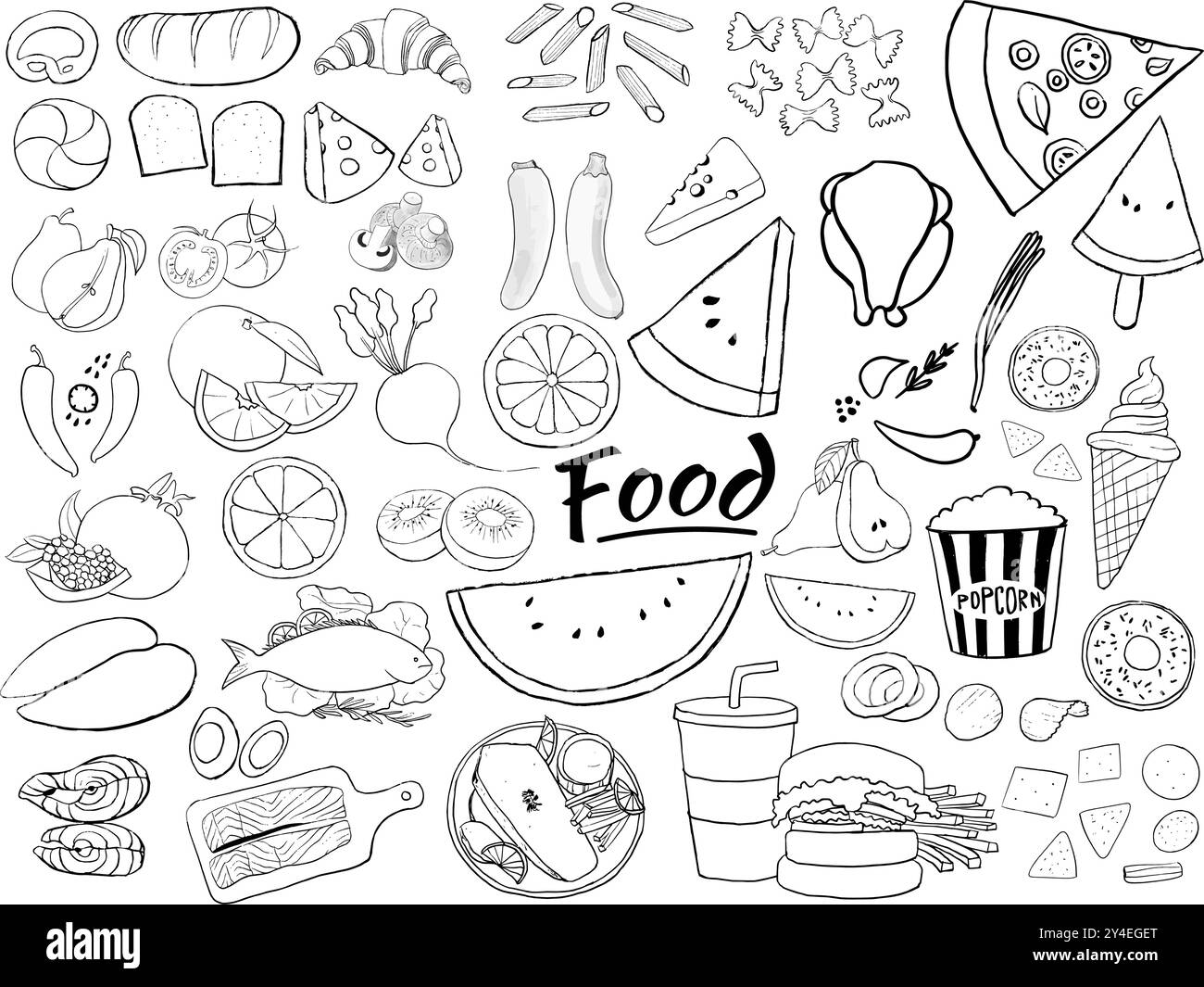 Set of fruits, veggies, bread, meat and fast food doodles, hand drawn ...