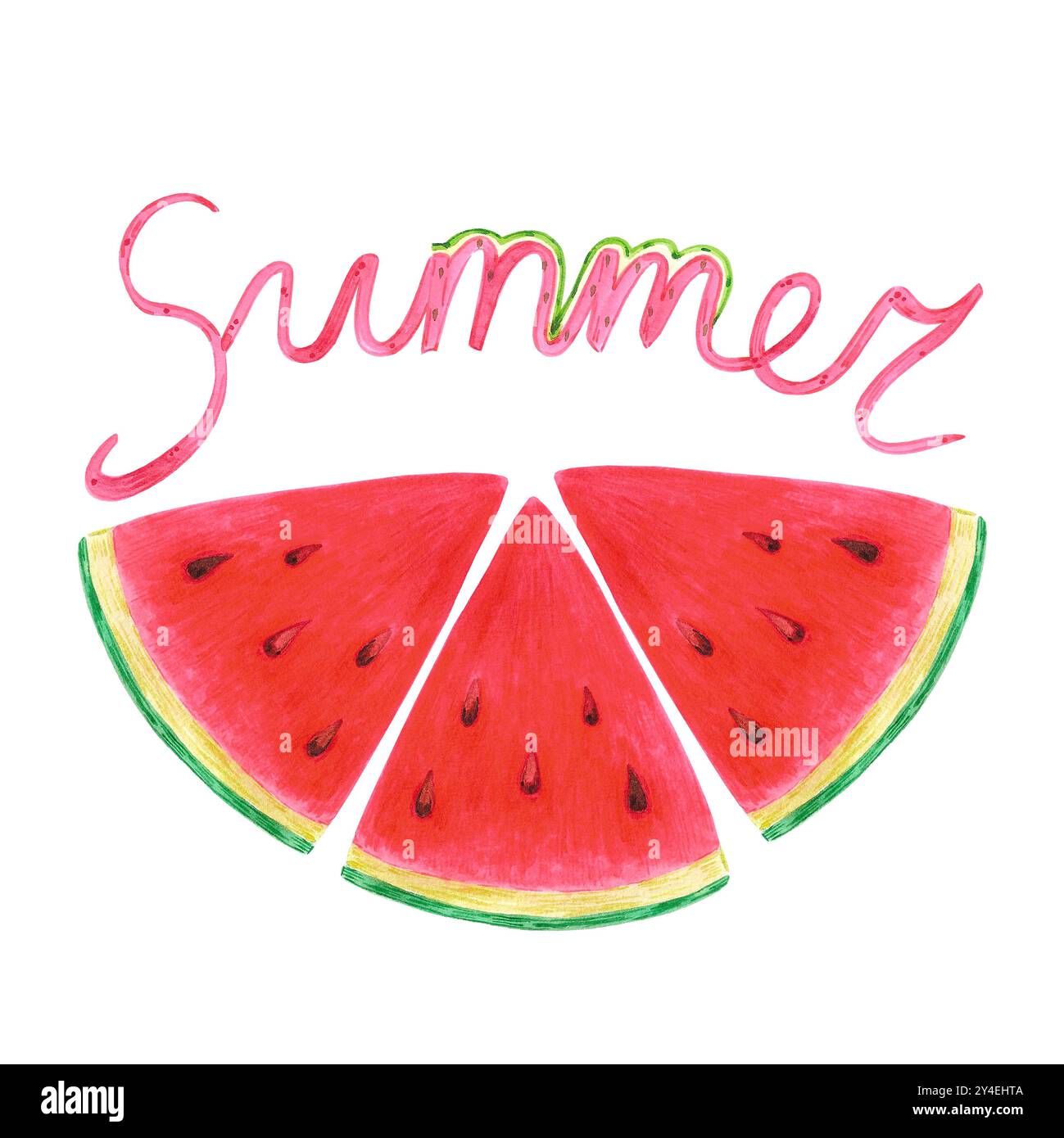 Hand drawn watercolor watermelon slices postcard with text composition ...