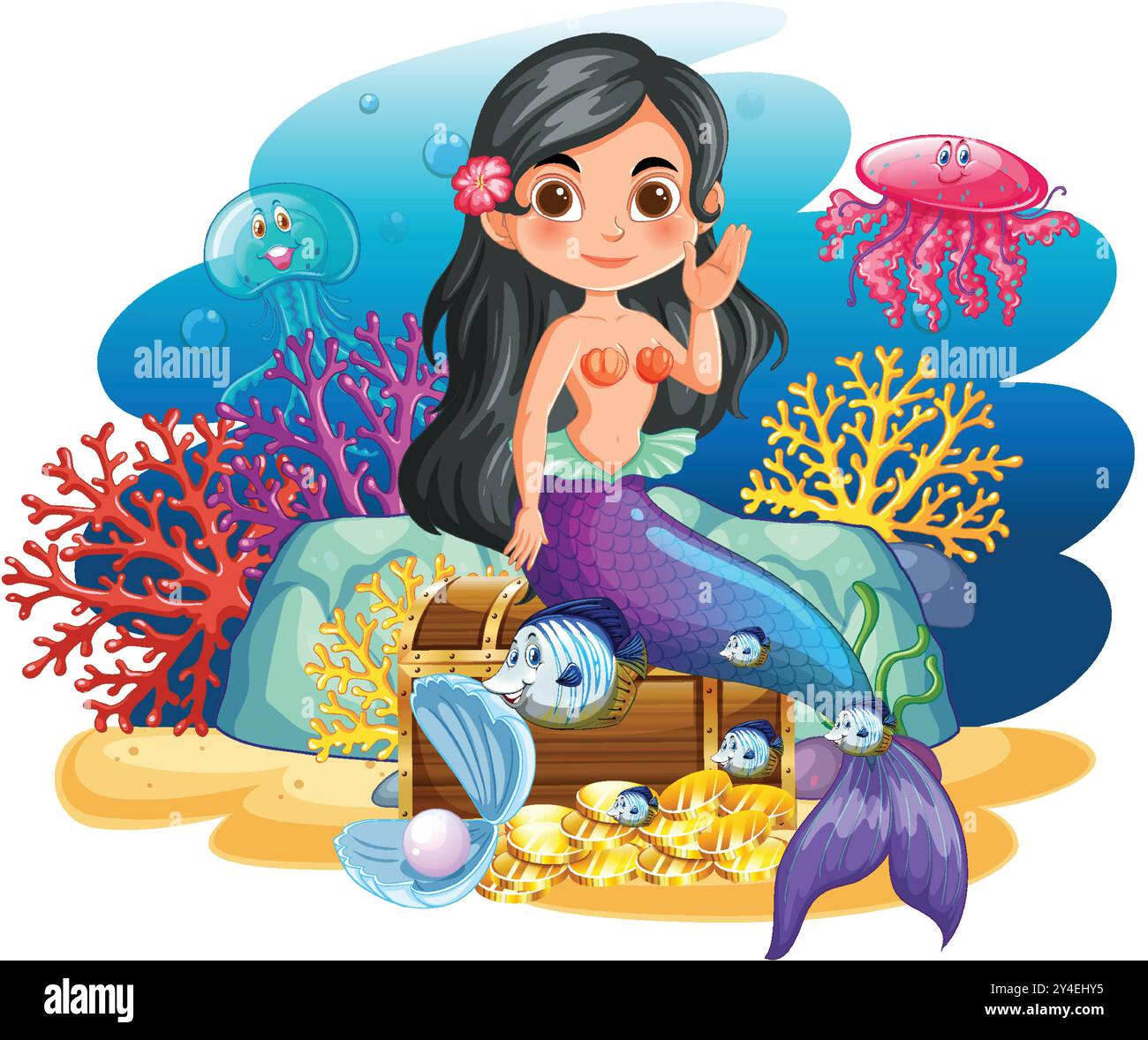 Mermaid with treasure chest and sea creatures Stock Vector Image & Art ...