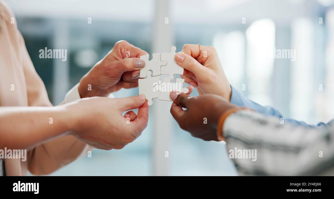 Hands, business people and puzzle with teamwork, cooperation and ...