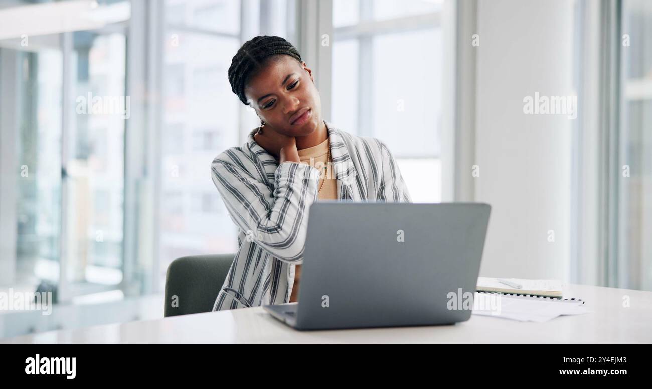 Neck pain, laptop and black woman in office with bad posture, injury or ...