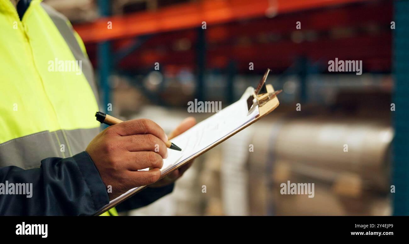 Clipboard, hands and inventory with person in warehouse for inspection ...