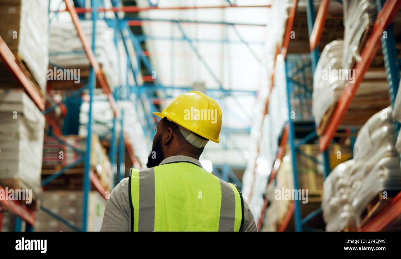 Black man, inspection and inventory in warehouse for logistics, supply ...