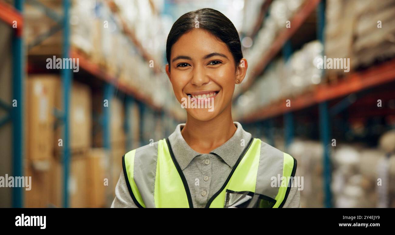 Portrait, happy and woman at warehouse for distribution, logistics ...