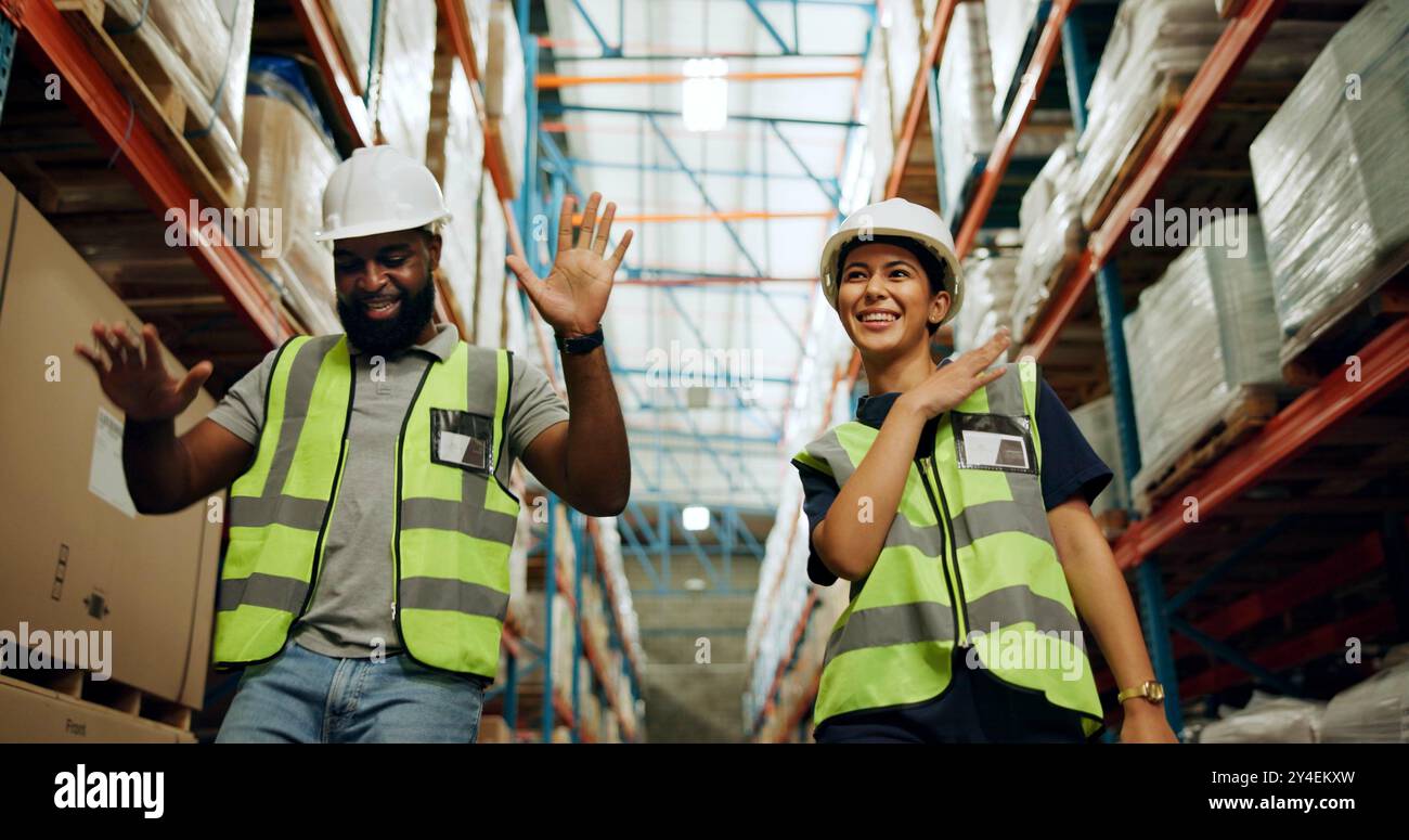 Woman, man and logistics in warehouse with dancing for quality control ...