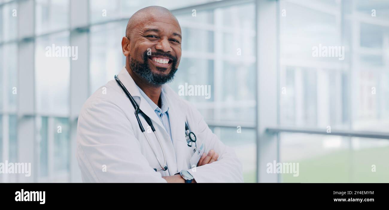 Black man, doctor and confident in hospital for portrait, healthcare ...