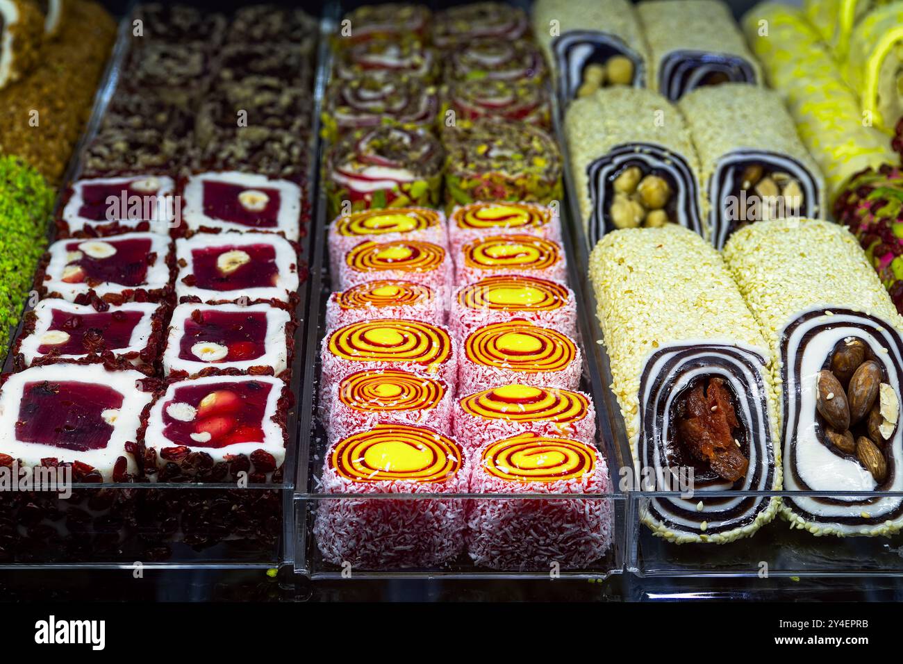 VariousTurkish sweets in confectionery shop window. Traditional Turkish ...