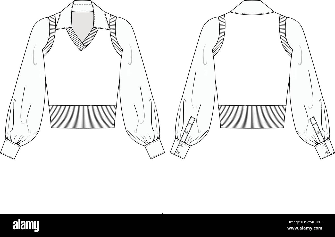vest with shirt collar and shirt sleeves technical drawing, flat sketch ...