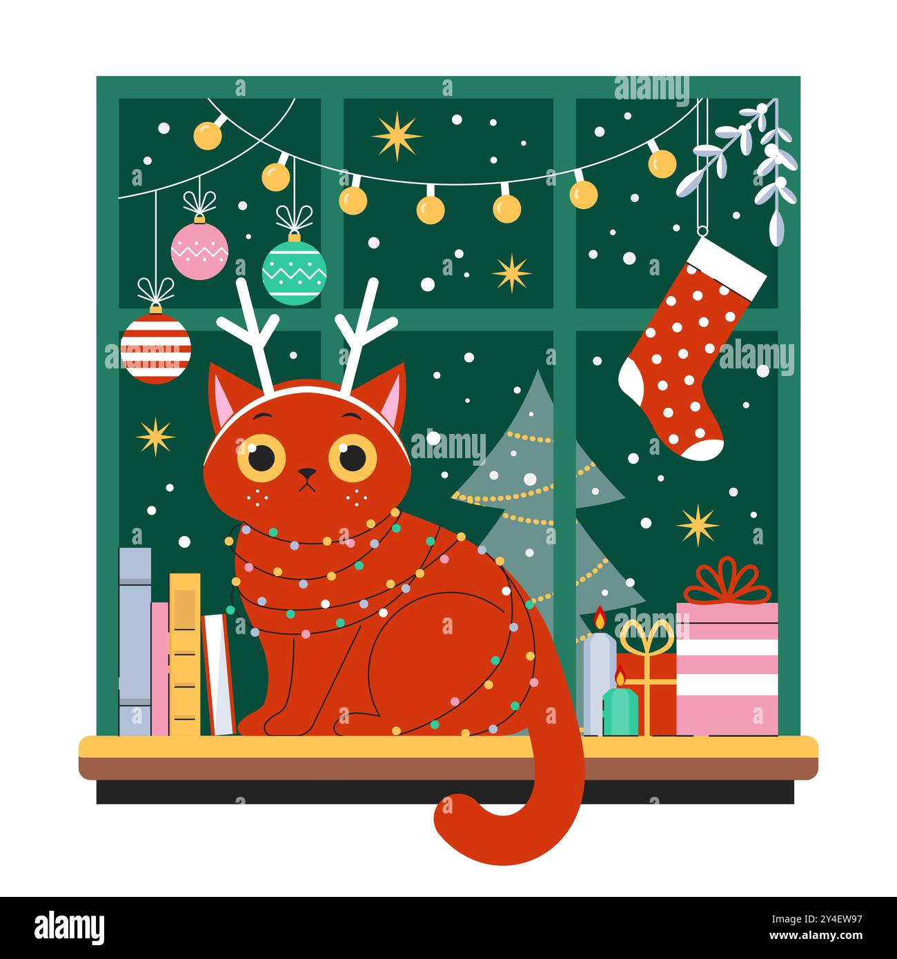 Cat with Christmas Garland and Antlers on Head Stock Vector Image & Art ...