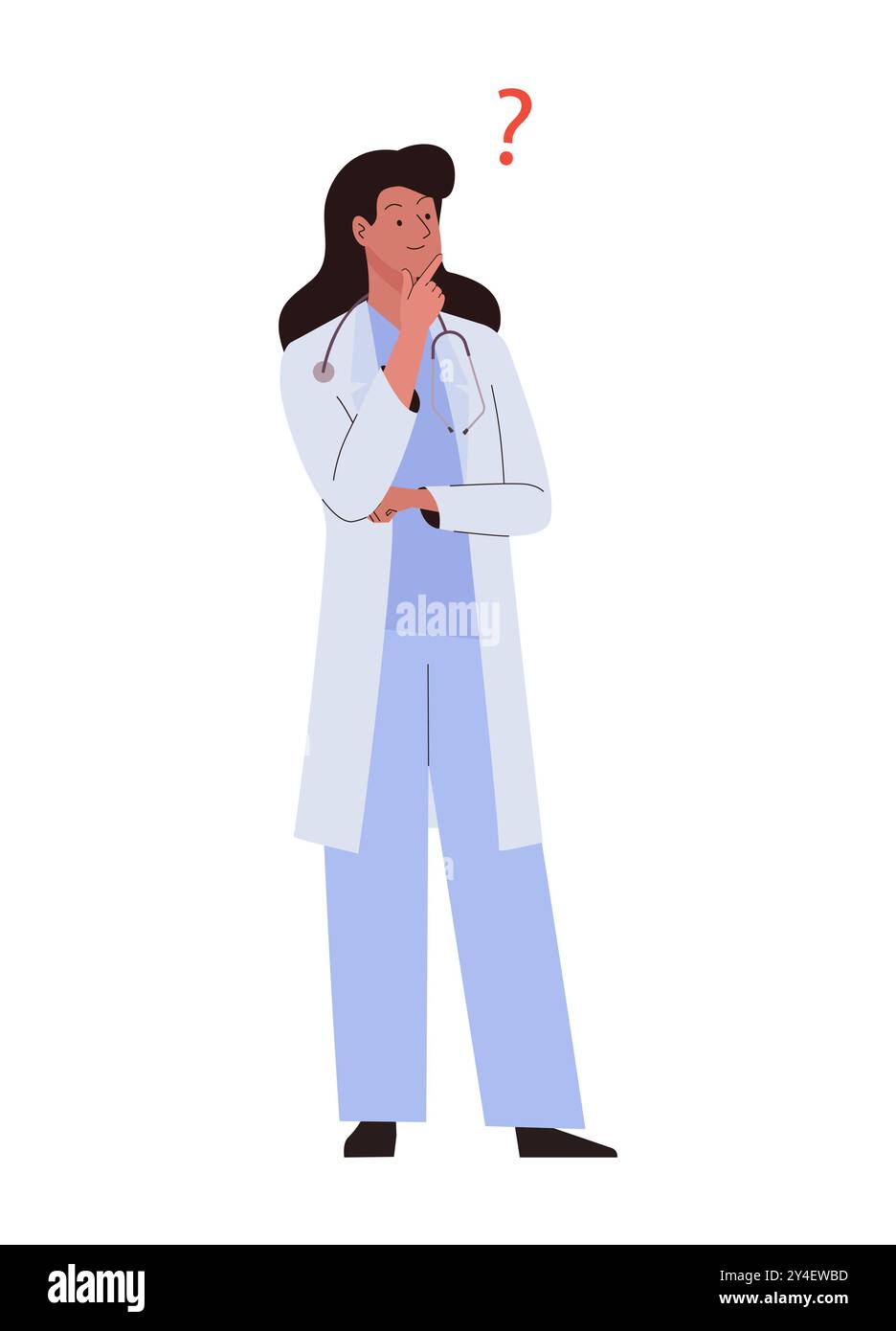 Doctor woman standing in lab coat and stethoscope thinking with ...