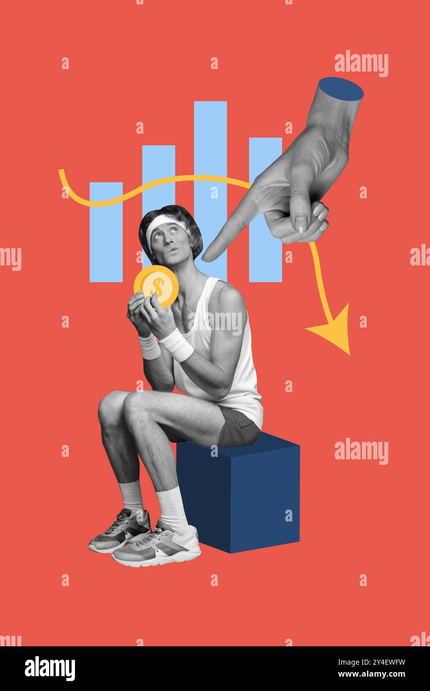 Vertical photo collage of minded man hold coin arrow chart decline ...