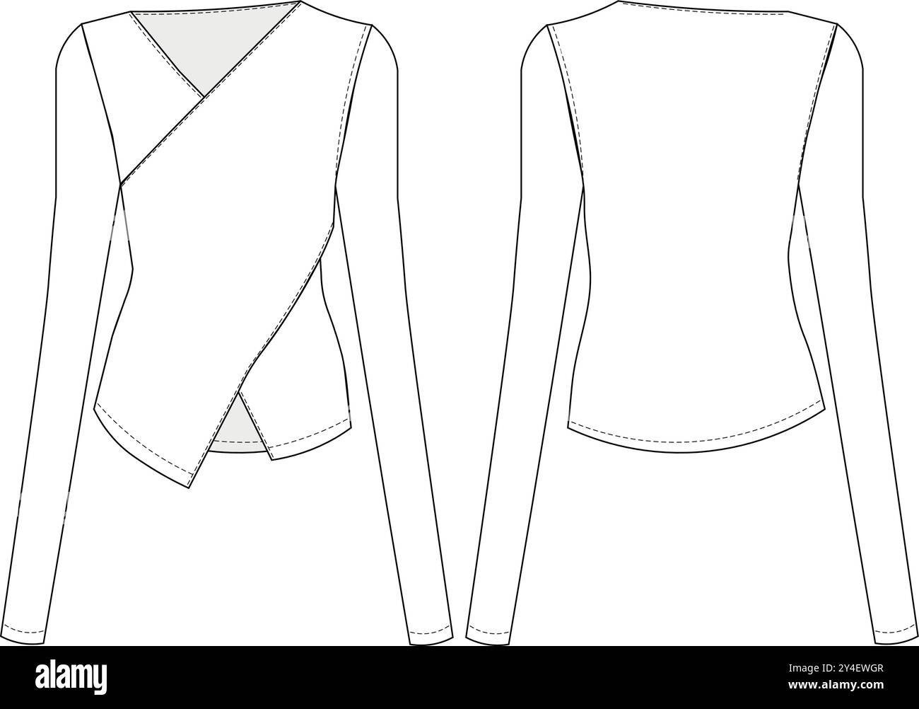 asymmetric v neck long sleeve body con blouse cad technical drawing ...