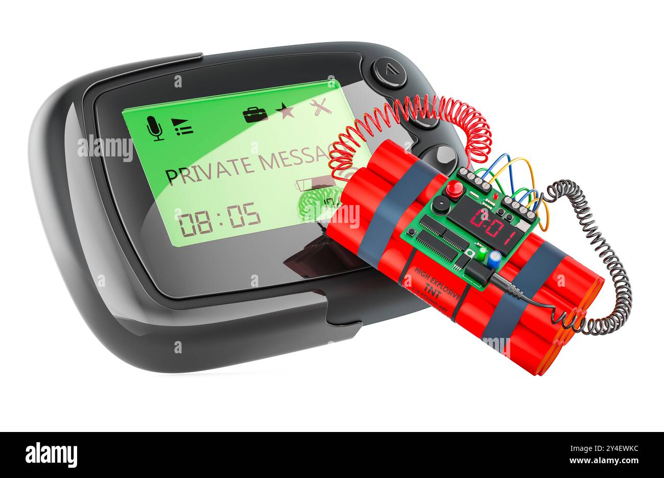 Pager with TNT bomb. Pager attack, pager explosions, concept. 3D ...