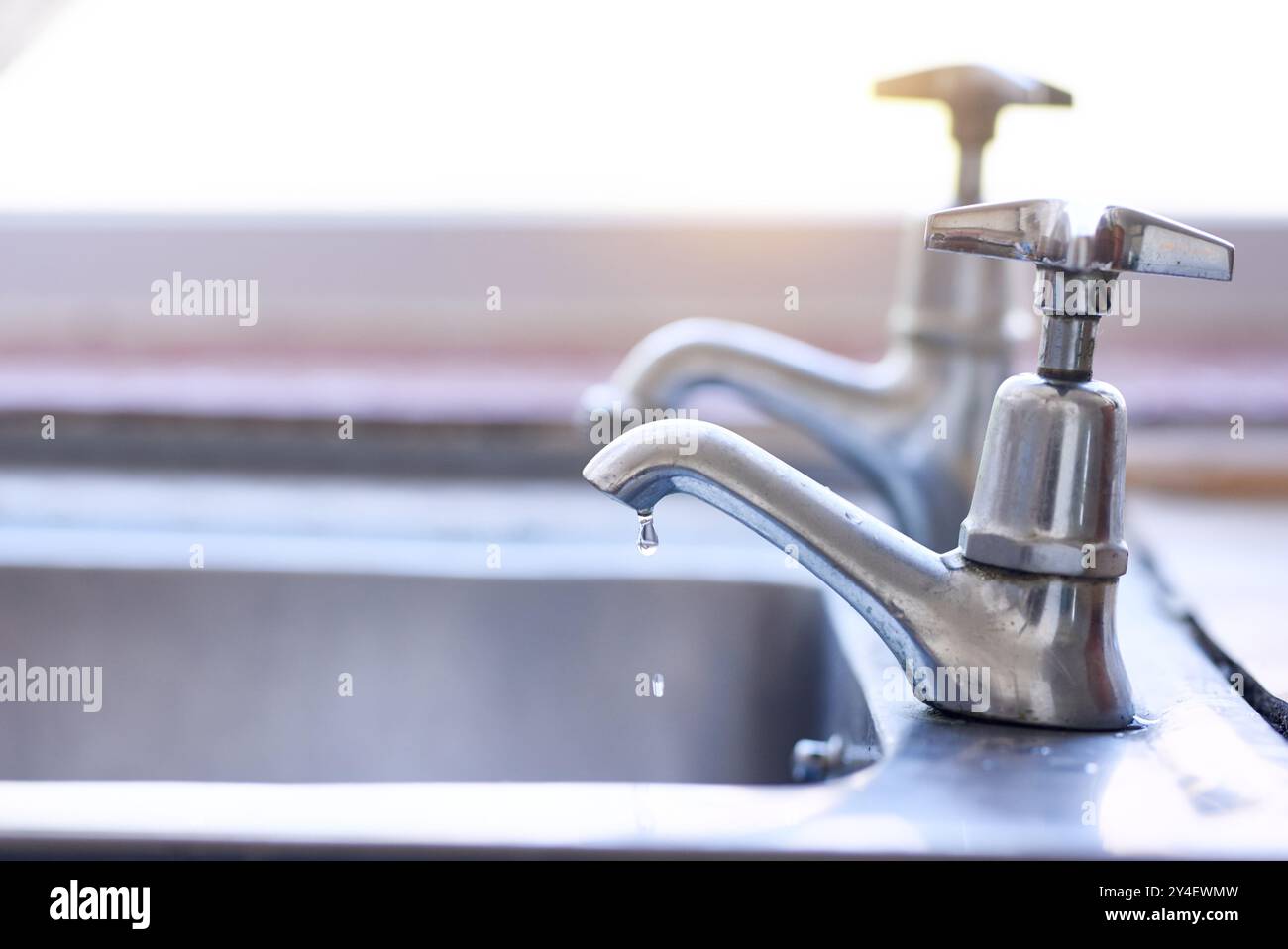 Empty tap, water drops and drought in home for eco emergency, climate ...