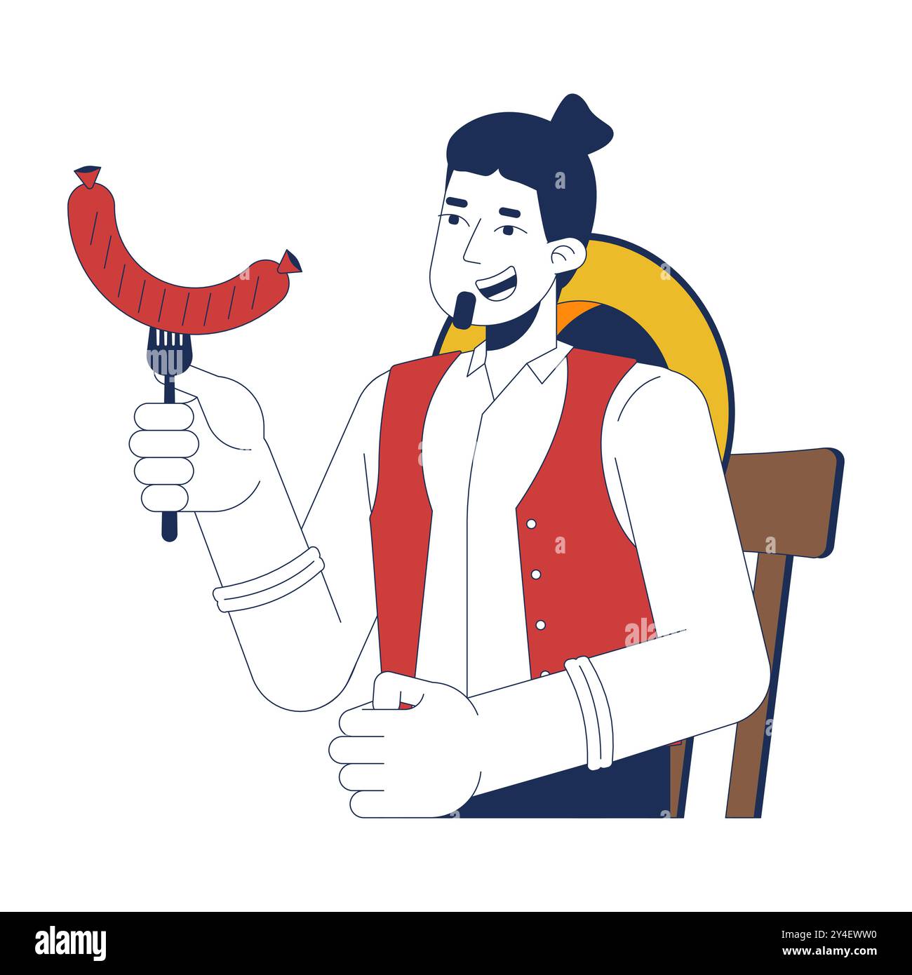 Joyful caucasian man eating grilled sausage 2D cartoon character Stock ...
