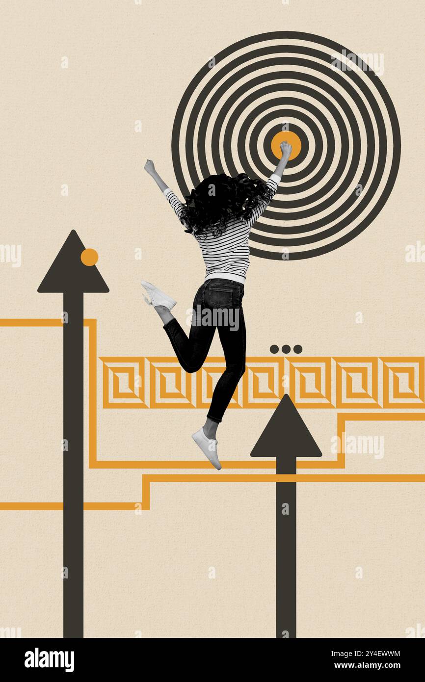 Vertical poster collage young woman jump leadership achieve goal aim ...