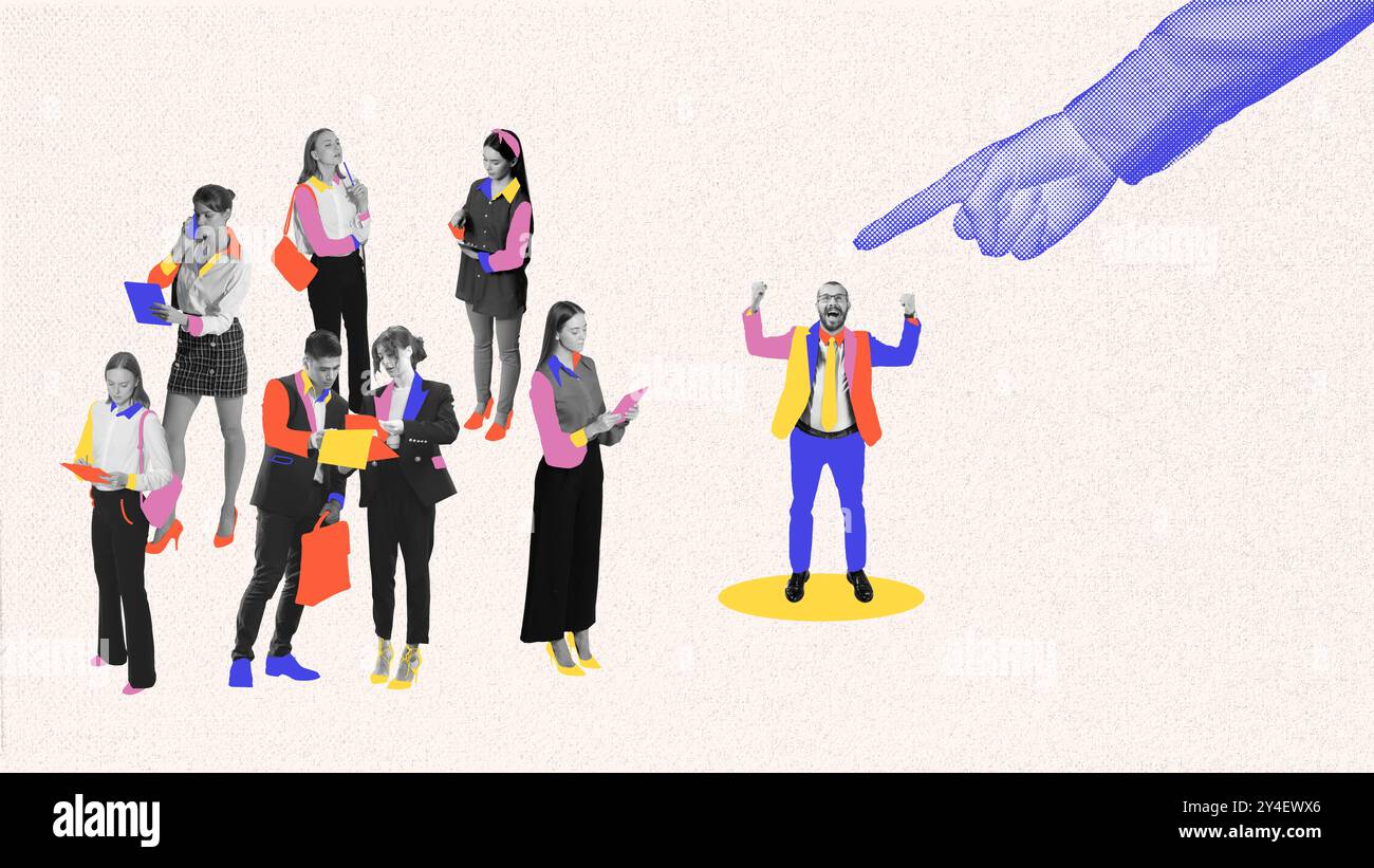 Hand selecting excited man among group of people, indicating successful ...