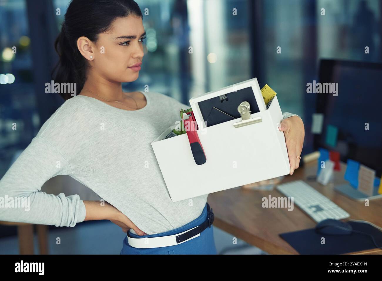 Business woman, box and back pain for fired, unemployed and poor ...