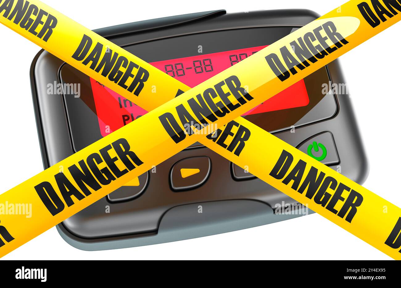 Pager attack, pager explosions, concept. Pager with danger barrier ...