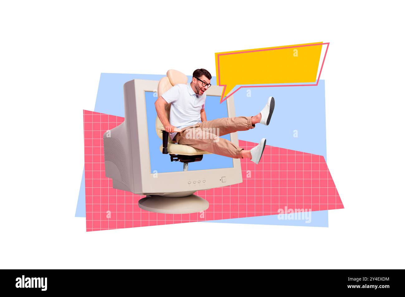 Collage picture young man sitting armchair computer digital device ...