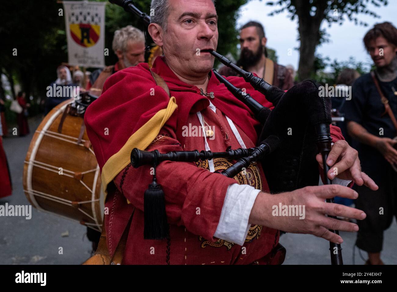 Male musician who plays the traditional bagpipes at the Fete des ...