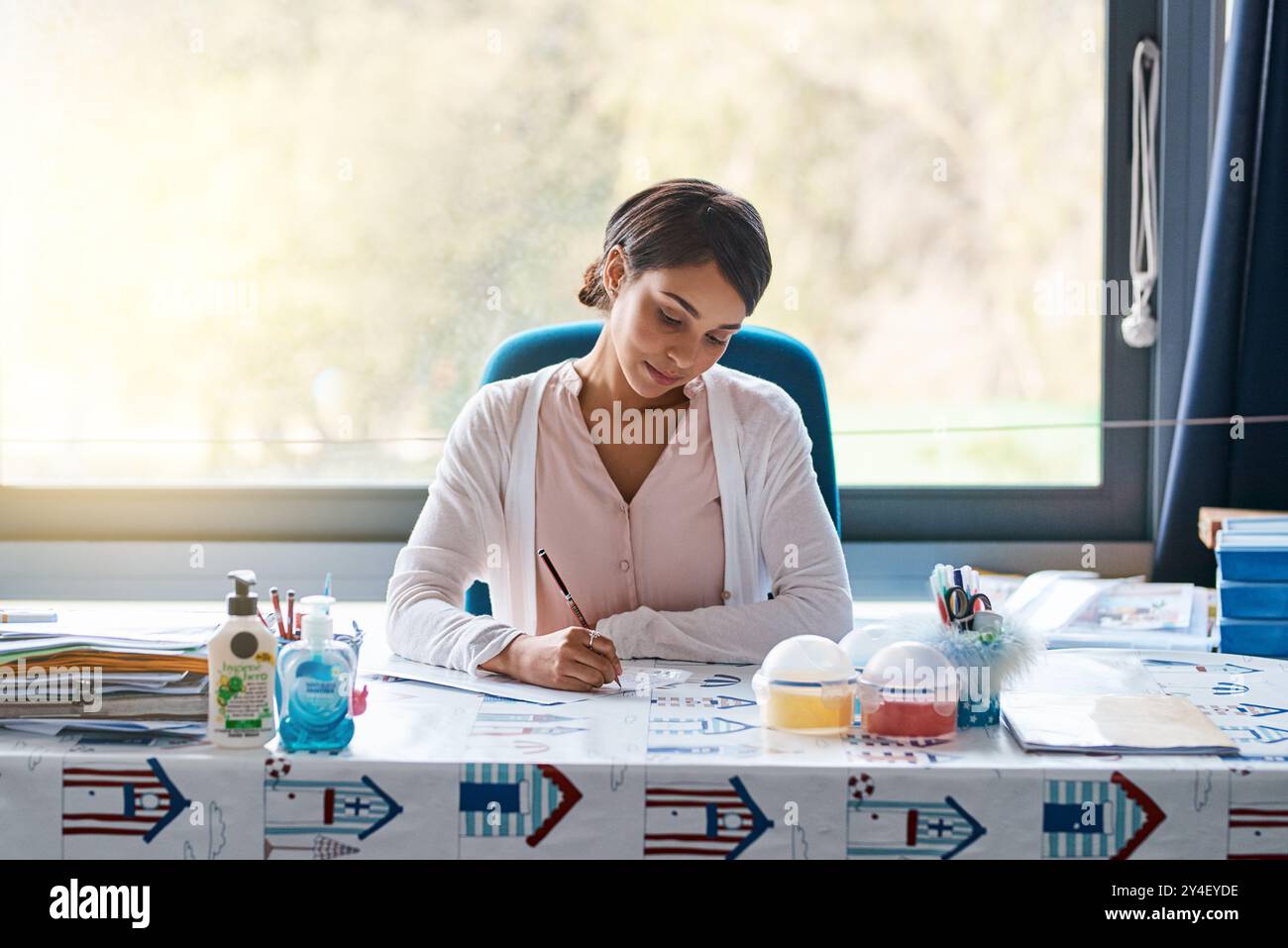 Woman, educator and writing in classroom for student exercise, test and ...