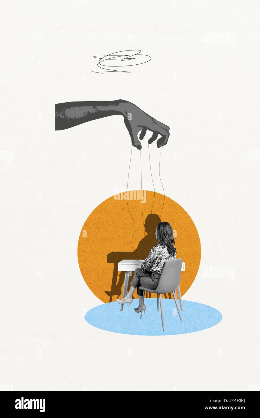 Vertical photo collage of serious woman sit chair office table hand ...