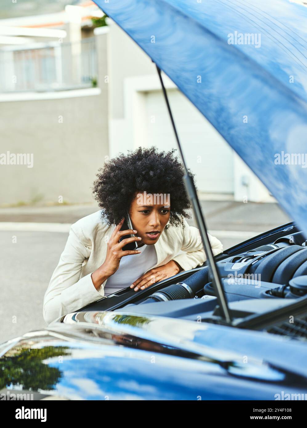 Breakdown, frustrated and woman at car with phone call, roadside ...