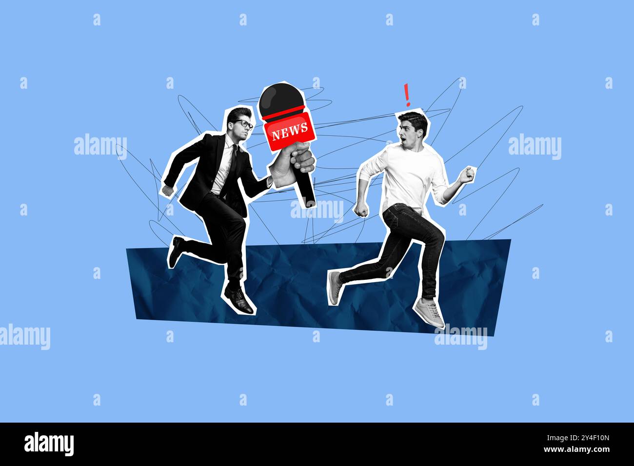 Composite photo collage of serious correspondent man run dissatisfied ...