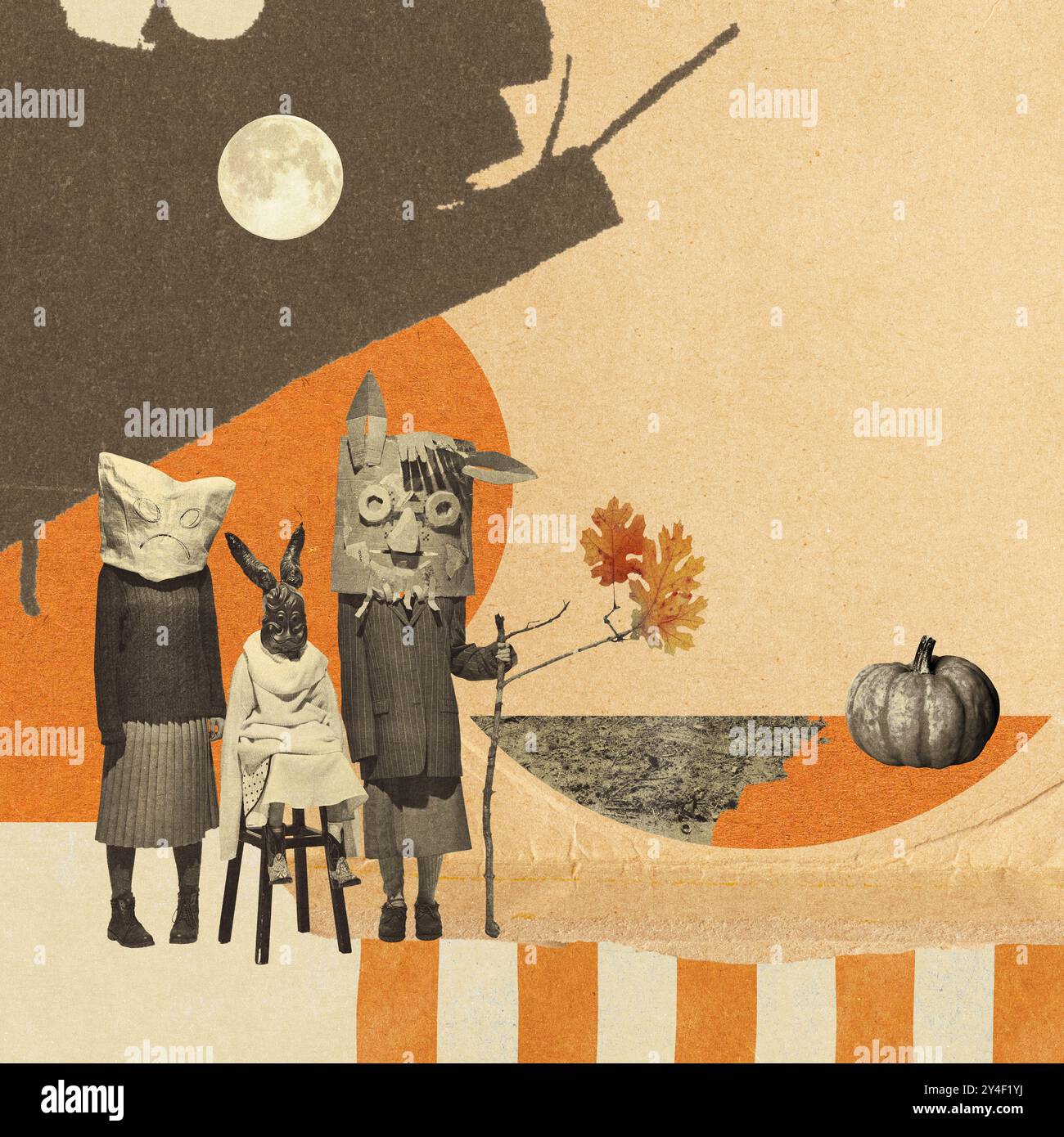 Three figures in homemade masks standing under a full moon against ...