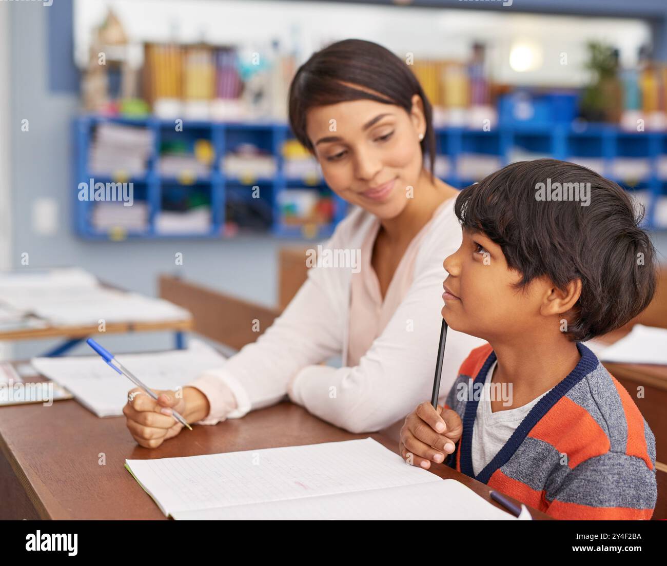 Thinking, teacher and boy in classroom for help in growth, child ...