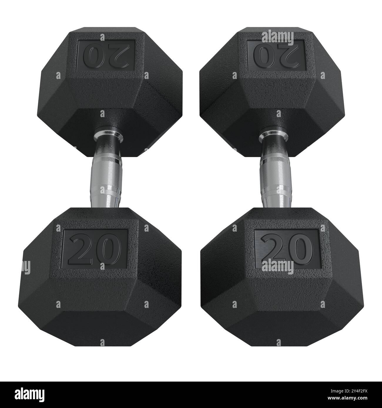 Two Hex Dumbbells with number 20, weightlifting gym equipment top view ...
