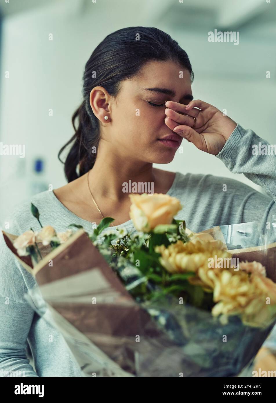 Office, woman or sneeze with allergy, flowers or nasal congestion with ...
