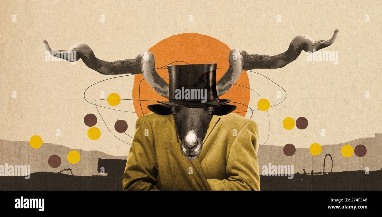 Figure with head of bull in top hat, combining animalistic and human ...