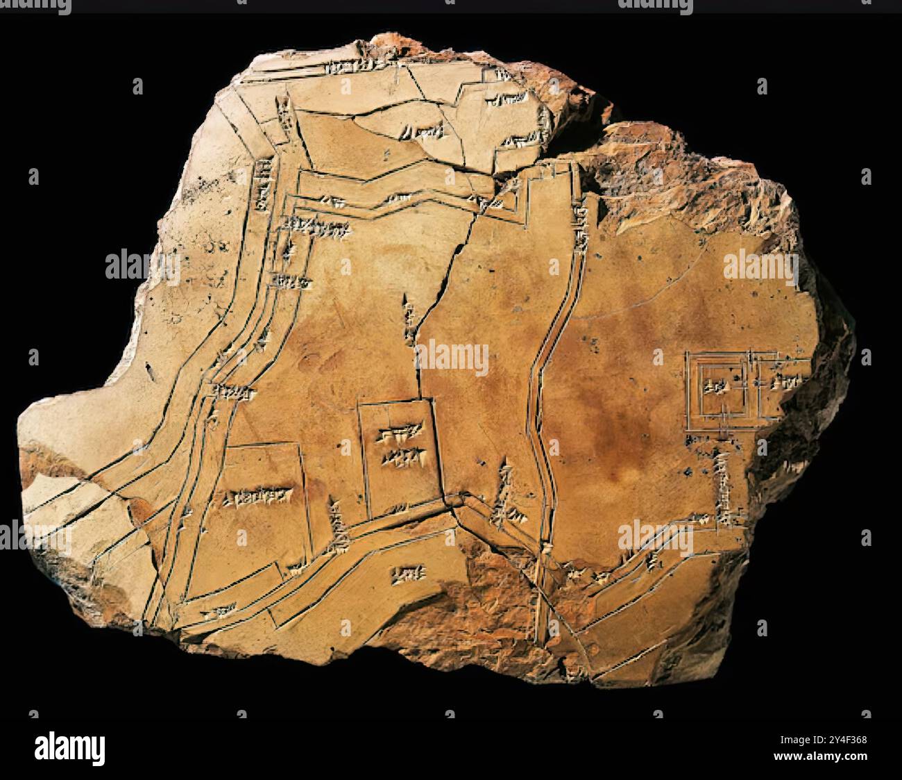 7332. Babylonian cuneiform tablet showing a map of the fields, towns ...