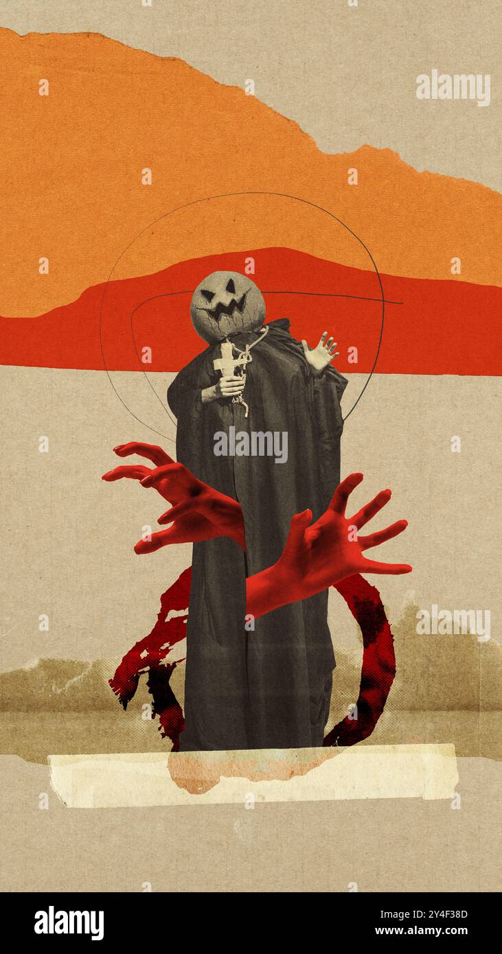 Terrifying figure with pumpkin head, draped in monk cloak with red ...