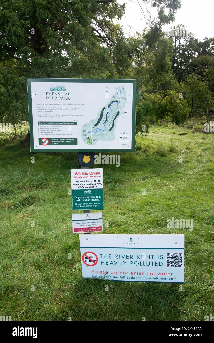 Warning signs about water pollution in the River Kent, Levens Deer Park ...