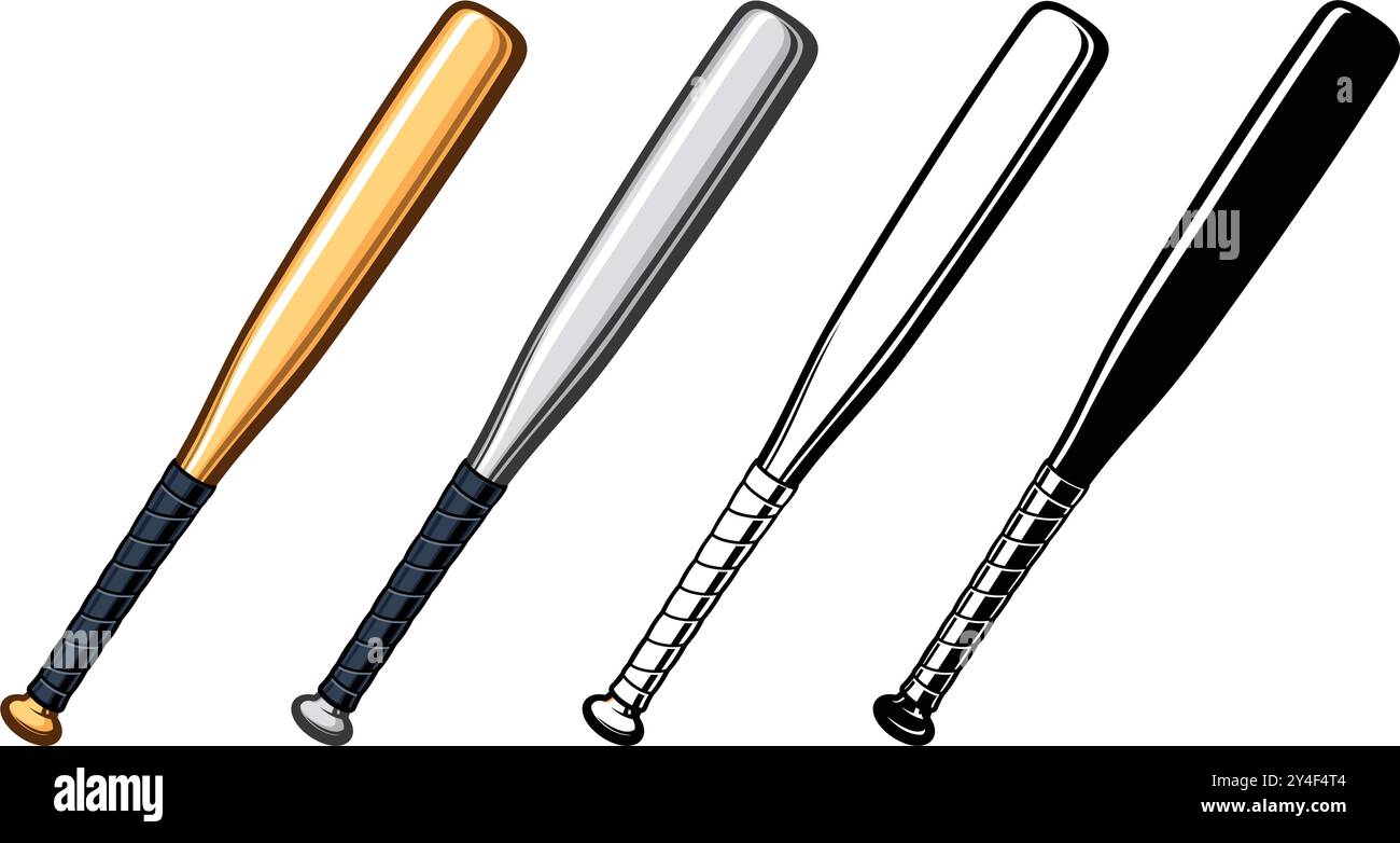 classic wood metal baseball softball bat illustration set of 4 base ...