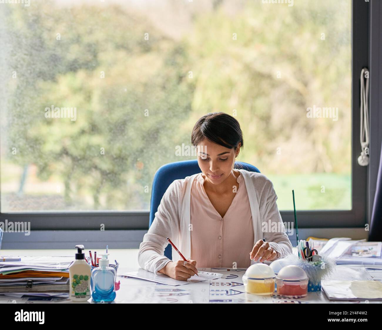 Woman, teacher and writing in classroom for student exercise, test and ...