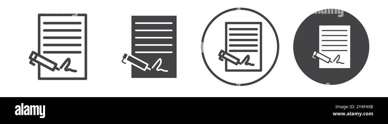 Signed document icon set in thin line outline style and linear vector ...